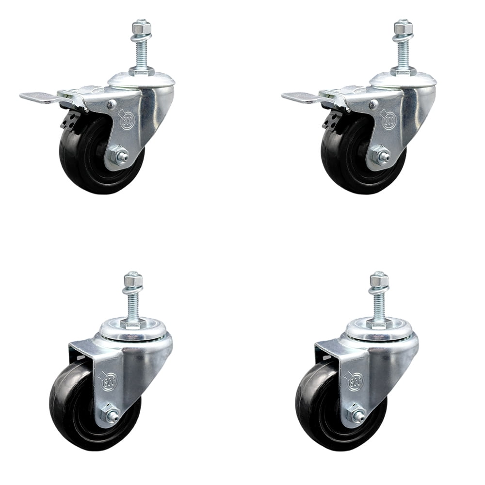 3.5 Inch Hard Rubber Swivel 3/8 Inch Threaded Stem Caster Set 2 Total ...