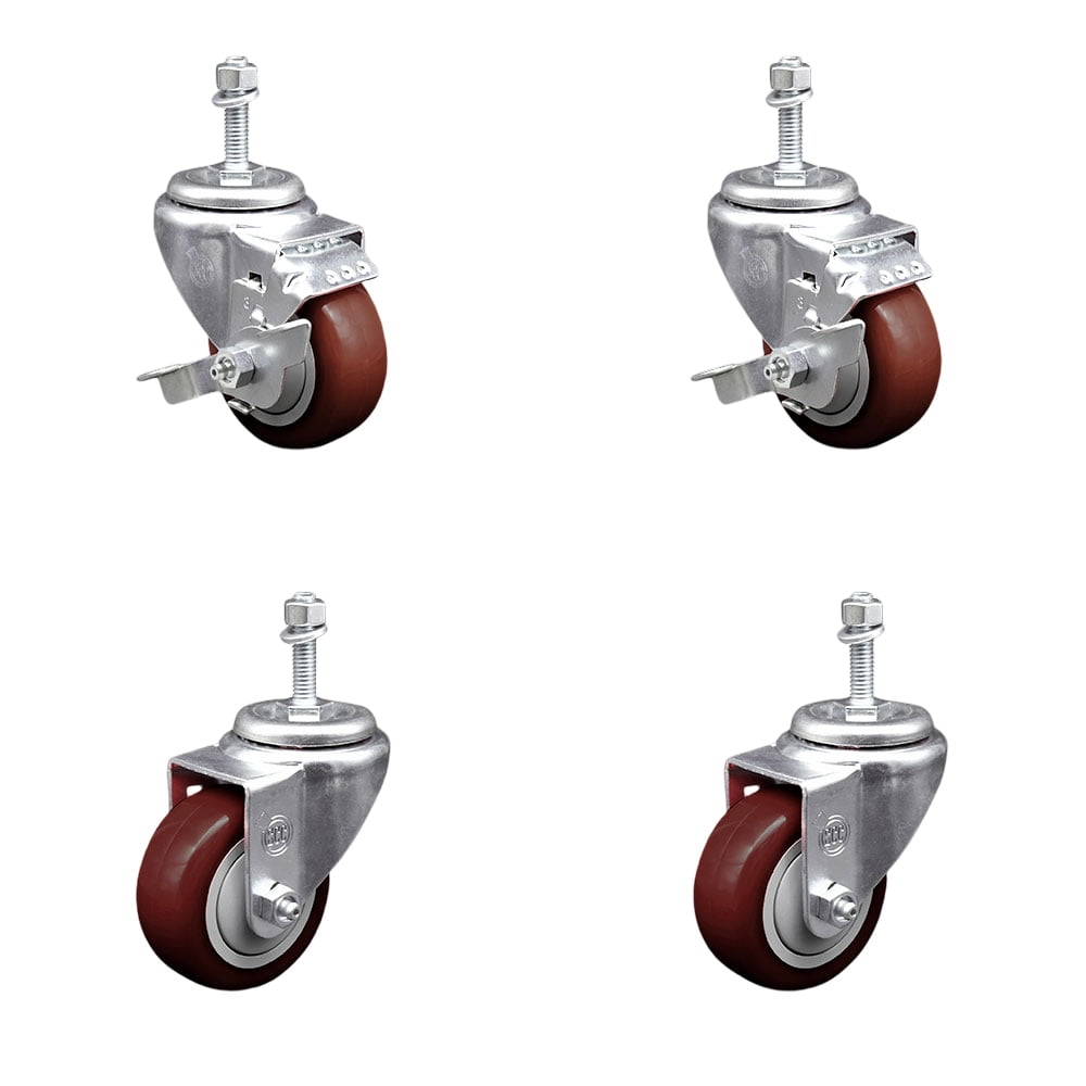 3.5 Inch Maroon Polyurethane Swivel 10mm Threaded Stem Caster Set 2 ...