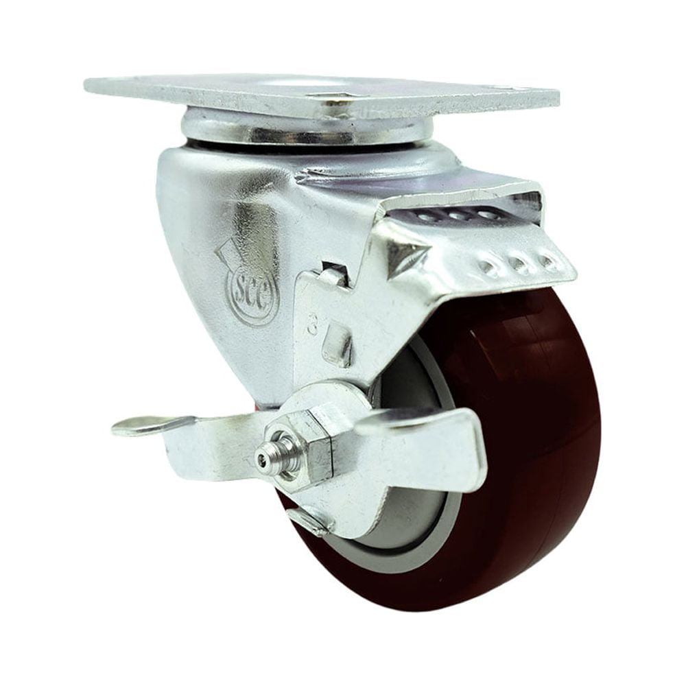 3.5 Inch Maroon Polyurethane Wheel Swivel Top Plate Caster with Brake ...