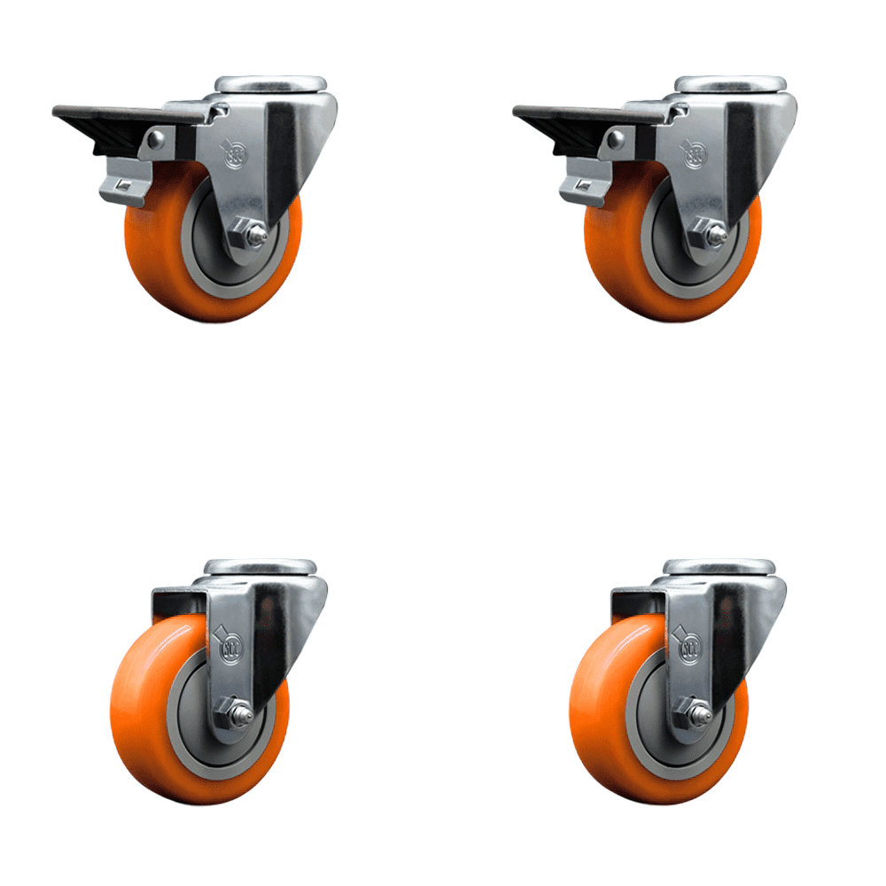 3.5 Inch Orange Poly Wheel Swivel Bolt Hole Caster Set with 2 Posi Lock ...