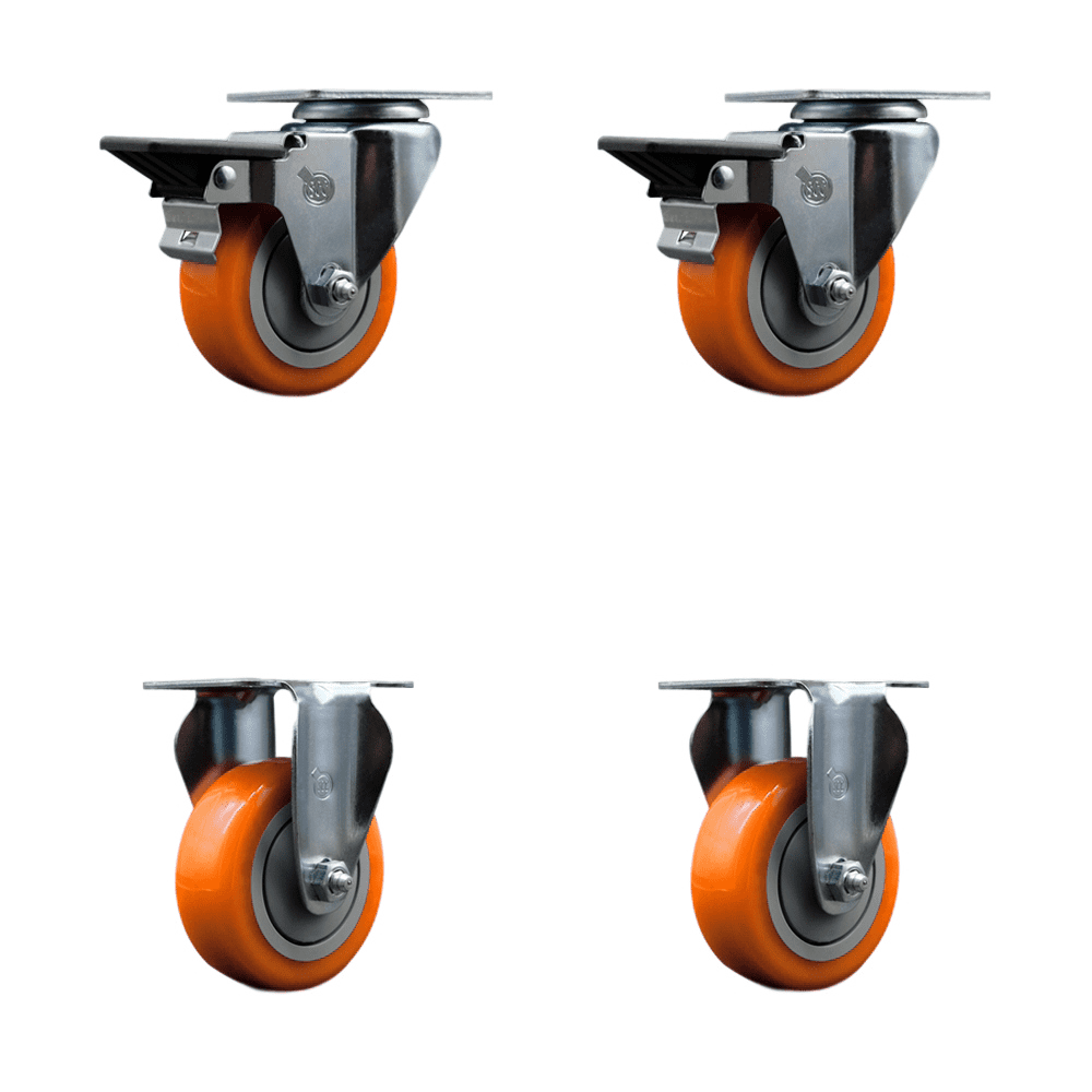 3.5" Orange Poly Wheel Swivel Top Plate Caster Set with 2 Posi Brakes 2 ...