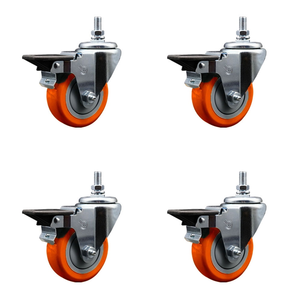 3.5 Inch Orange Polyurethane 10MM Threaded Stem Caster Set with Brake - Walmart.com