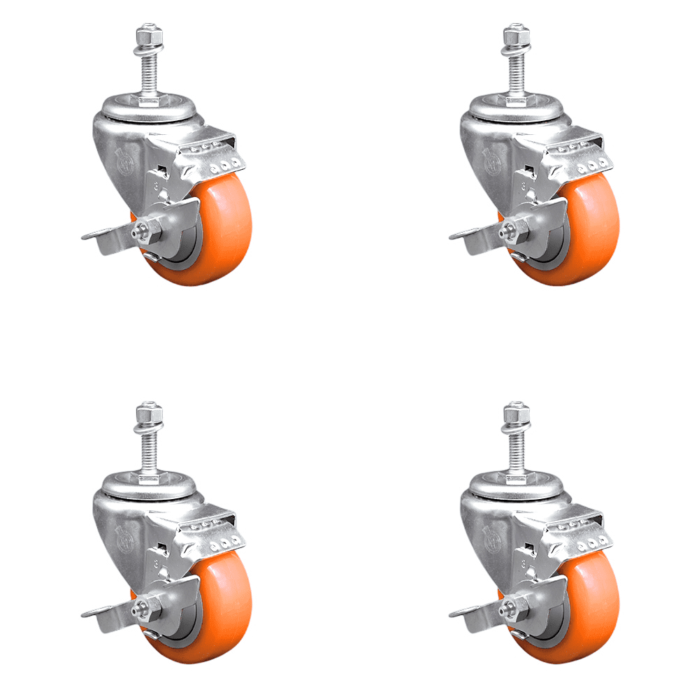 3.5 Inch Orange Polyurethane Swivel 3/8 Inch Threaded Stem Caster Set ...