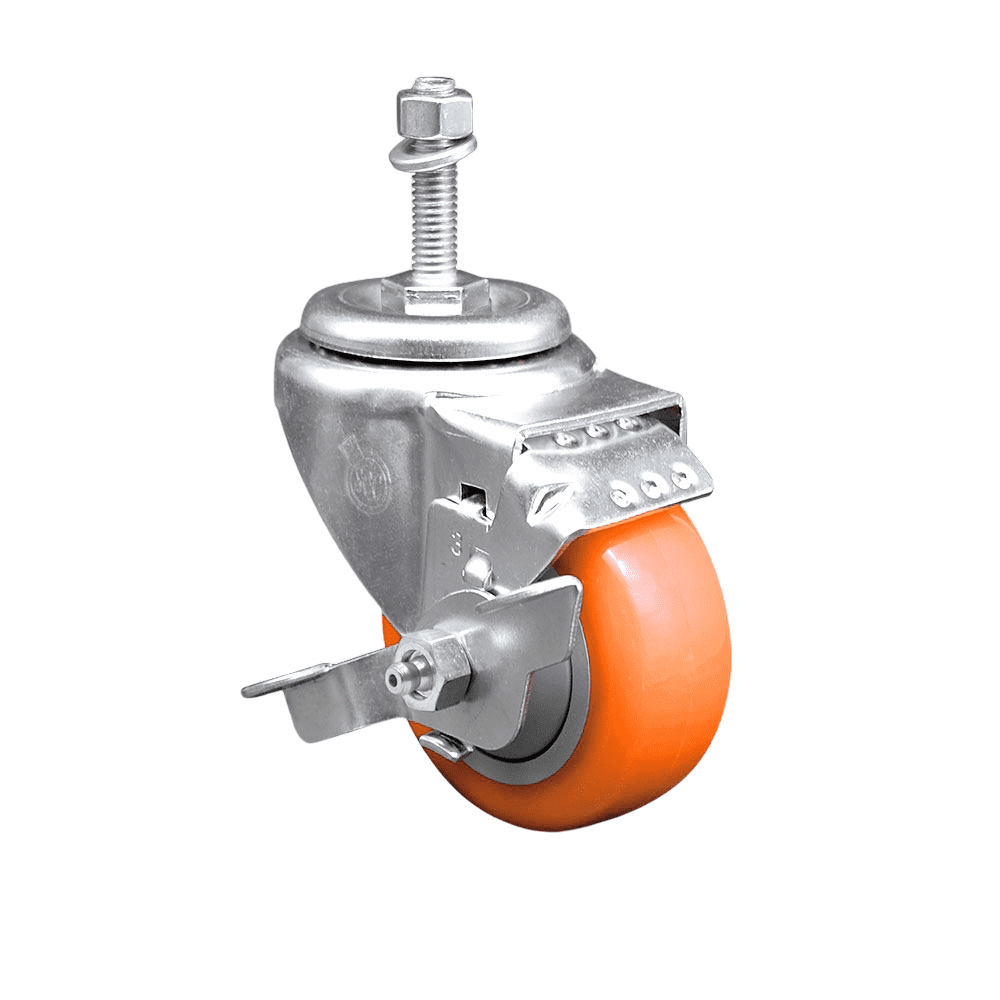 3.5 Inch Orange Polyurethane Wheel Swivel 10mm Threaded Stem Caster with Brake - Walmart.com
