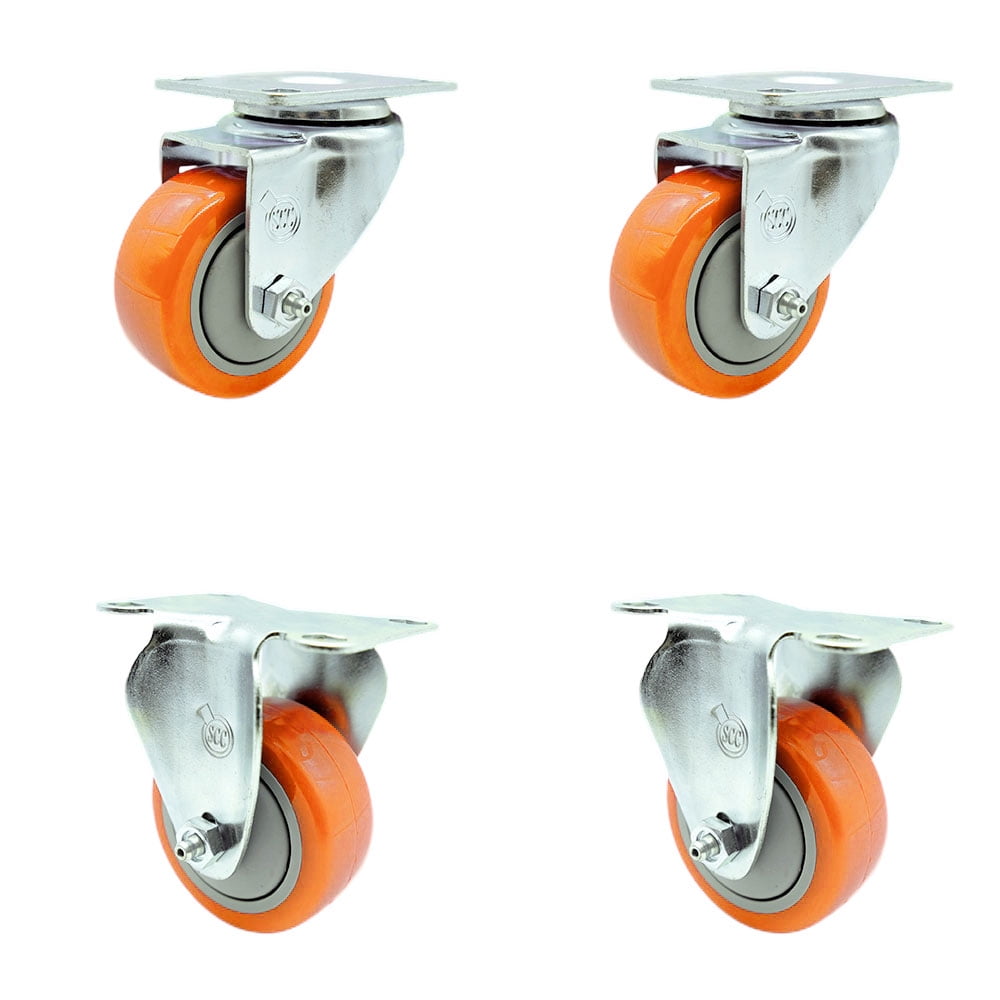 3.5 Inch Orange Polyurethane Wheel Swivel Top Plate Caster Set with 2 ...