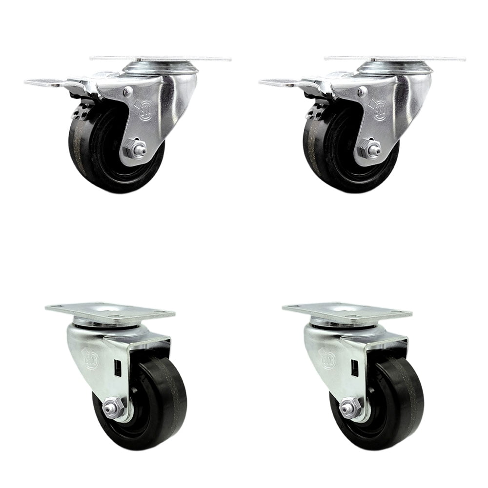 3.5 Inch Phenolic Wheel Swivel Top Plate Caster Set 2 Total Lock Brakes ...
