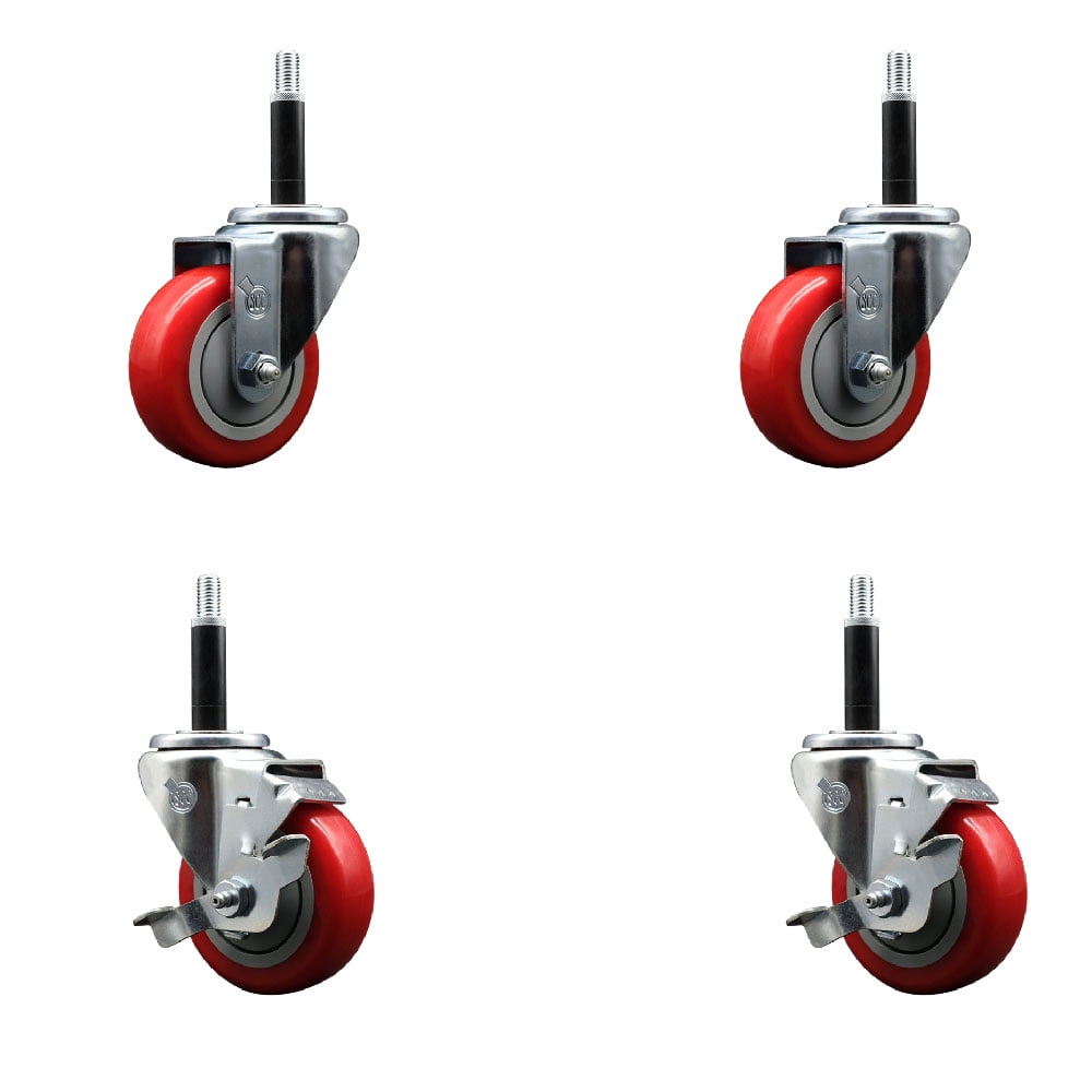 3.5 Inch Red Poly Wheel Swivel 3/4 Inch Expanding Stem Caster Set 2 ...
