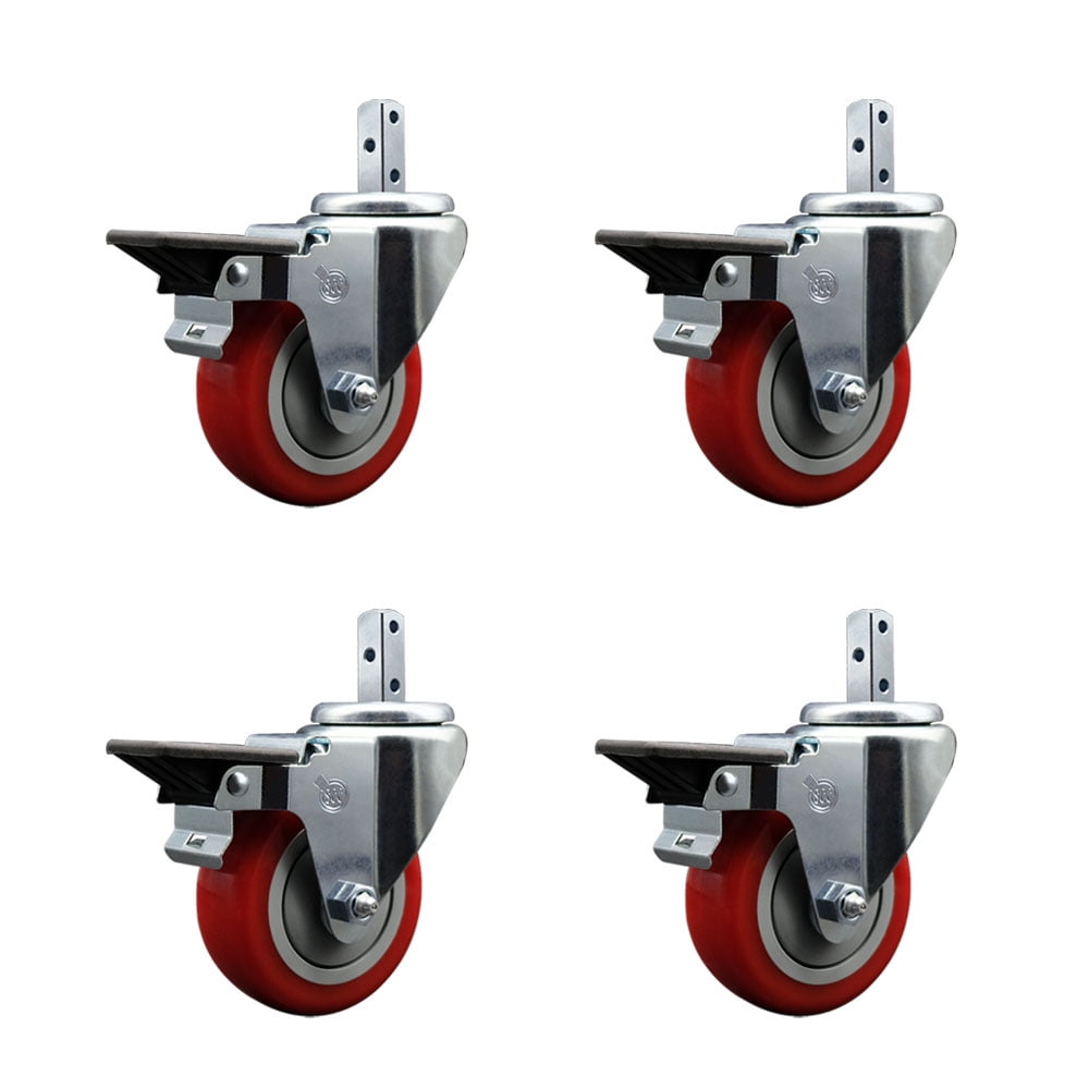 3.5 Inch Red Poly Wheel Swivel 7/8 Inch Square Stem Caster Set with ...
