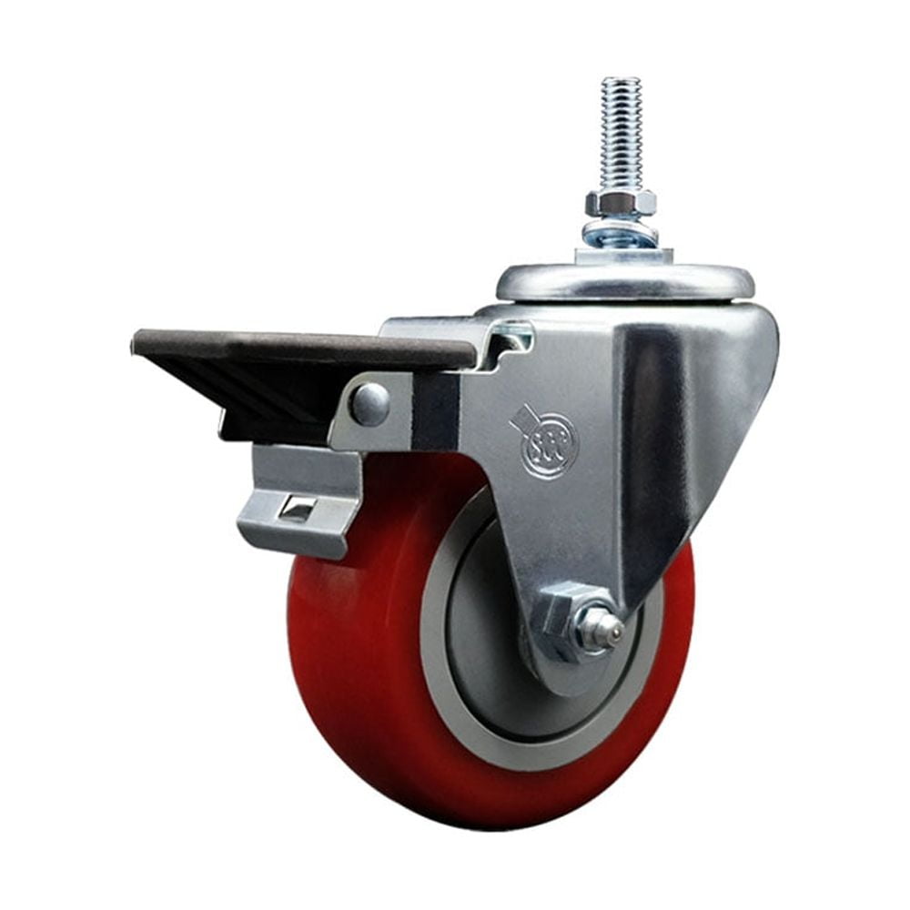 3.5 Inch Red Polyurethane 12MM Threaded Stem Caster with Brake ...