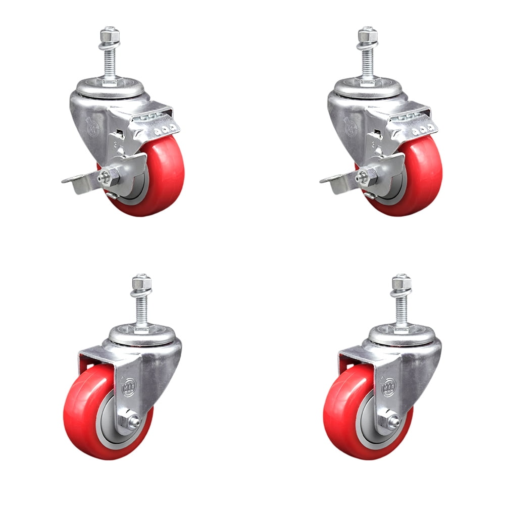 3.5 Inch Red Polyurethane Swivel 10mm Threaded Stem Caster Set 2 Brake ...