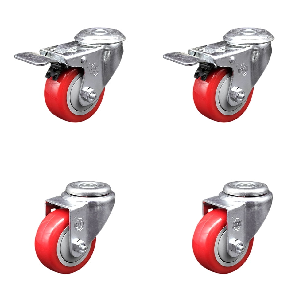 3.5 Inch Red Polyurethane Swivel Bolt Hole Caster Set with 2 Total Lock ...