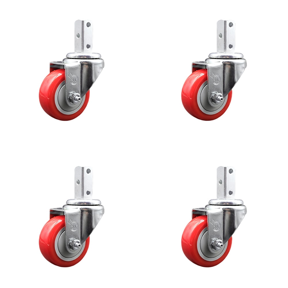 3.5 Inch Red Polyurethane Wheel Swivel 7/8 Inch Square Stem Caster Set ...