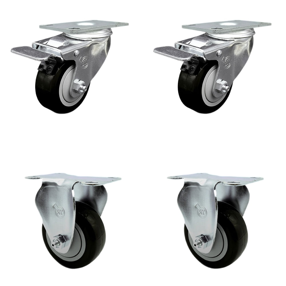 3.5 Inch SS Black Polyurethane Top Plate Caster Set 2 Lock Brake 2 ...