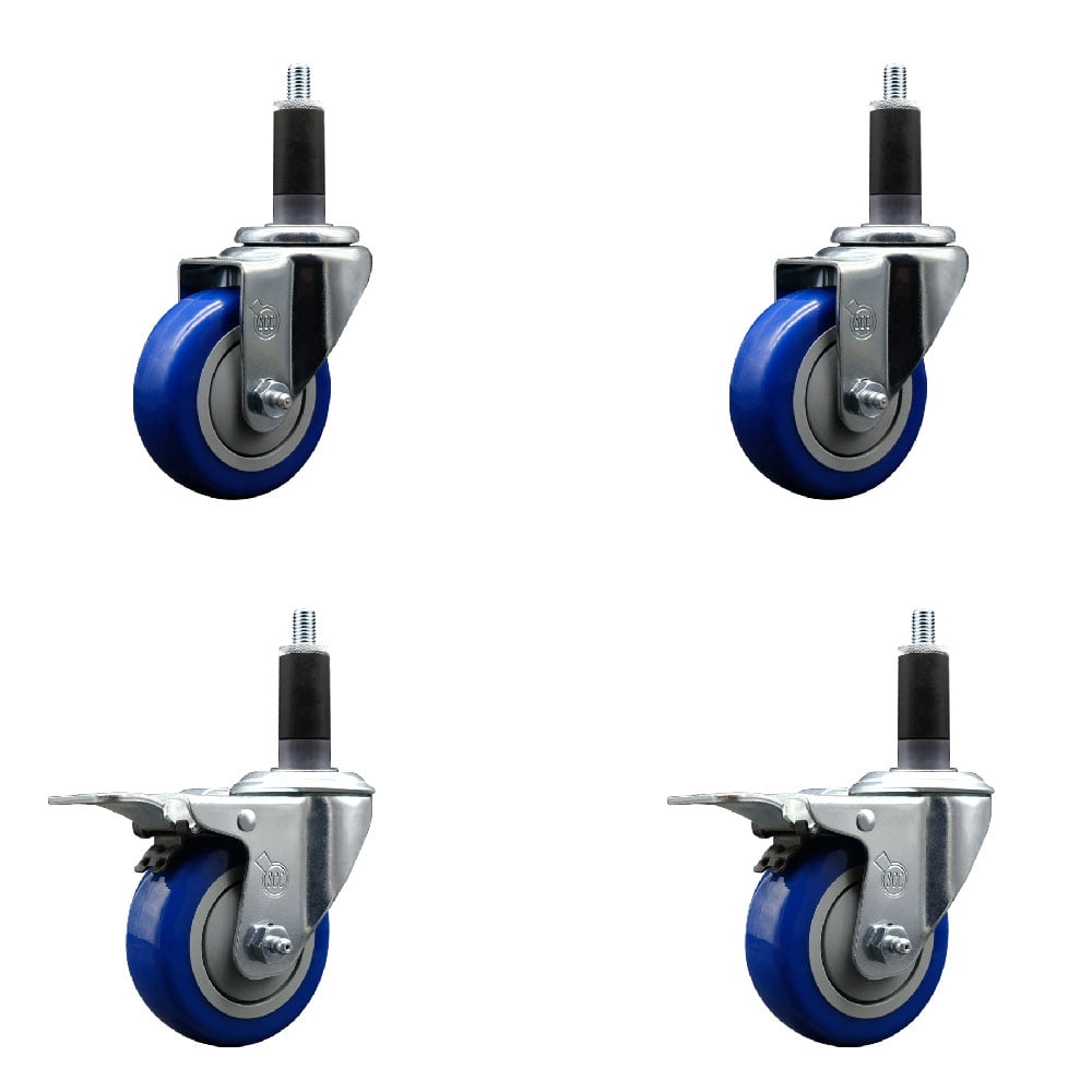 3.5 Inch SS Blue Poly Swivel 1-1/8 Inch Expanding Stem Caster Set 2 ...