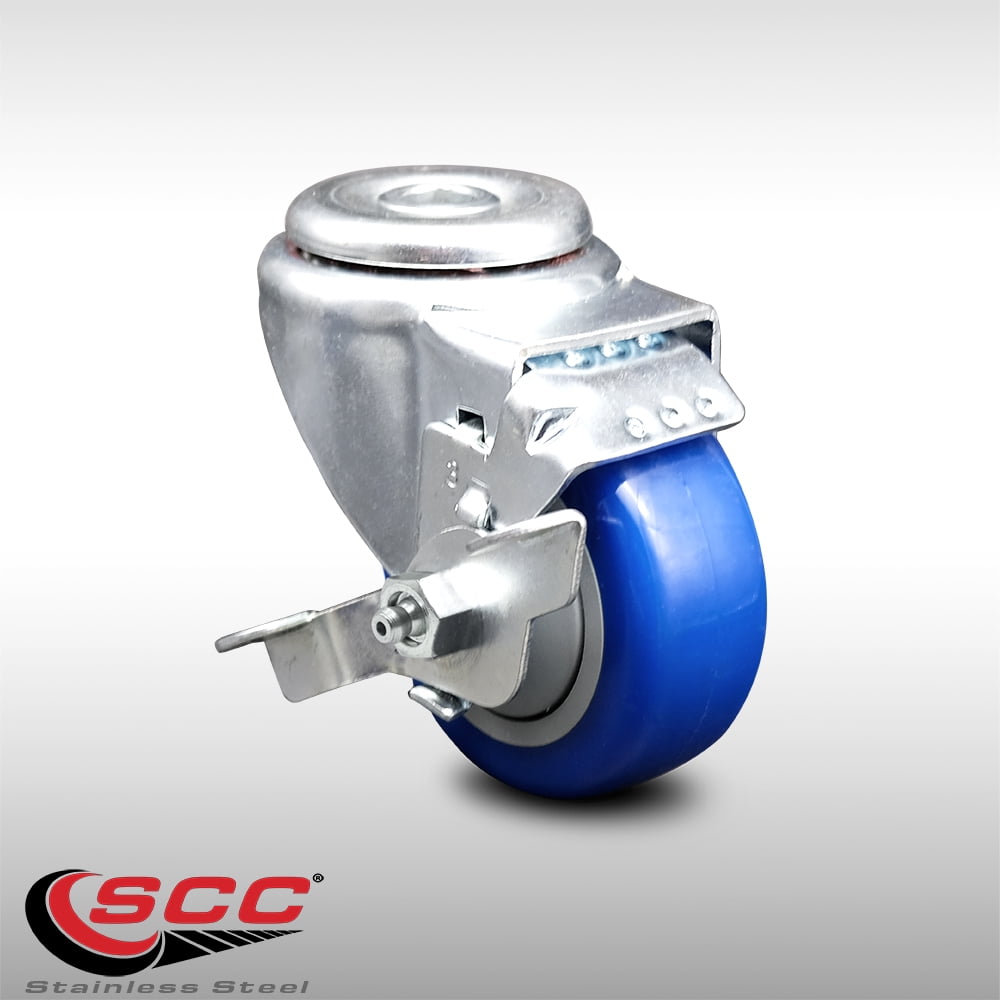 3.5 Inch SS Blue Polyurethane Wheel Swivel Bolt Hole Caster with Brake ...