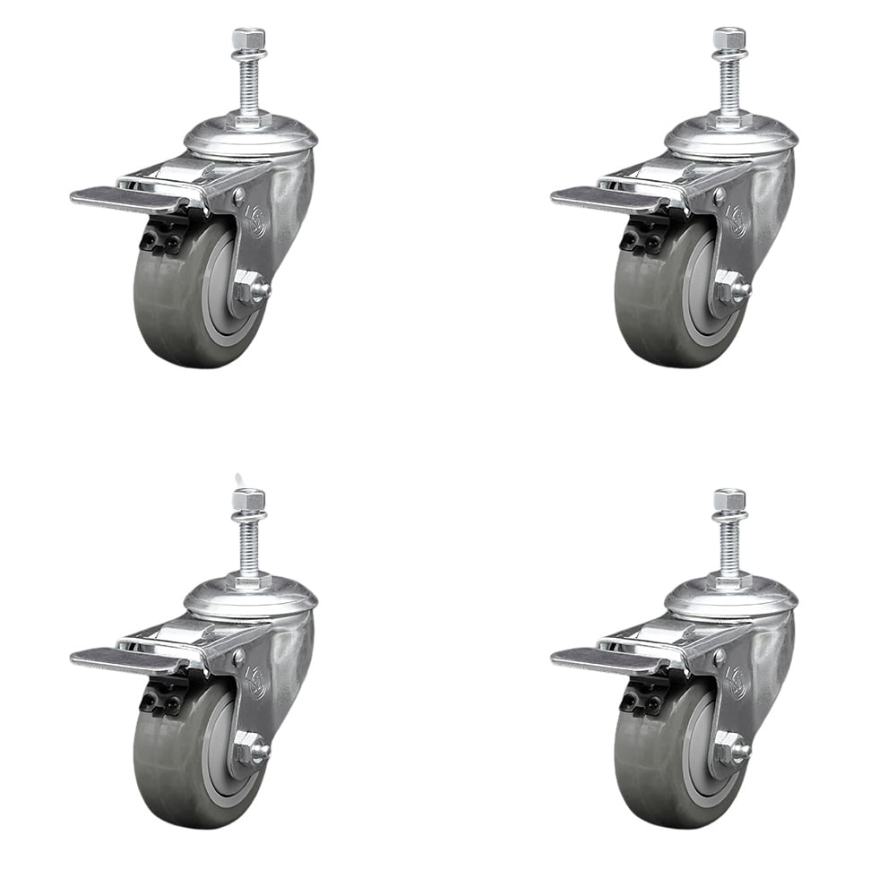 3.5 Inch SS Gray Polyurethane 3/8 Inch Threaded Stem Caster Set Total ...