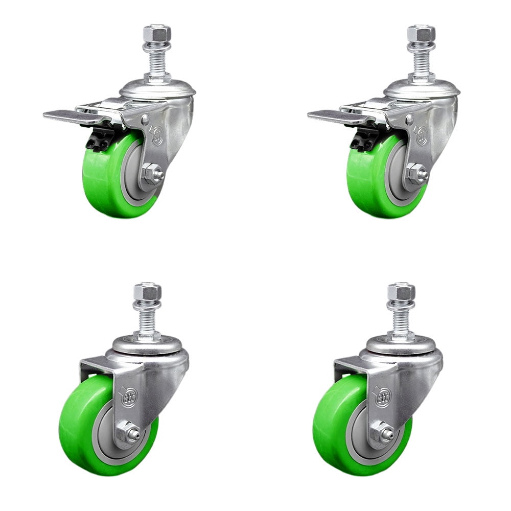 3.5 Inch SS Green Poly 12mm Threaded Stem Caster Set 2 Total Lock Brake ...