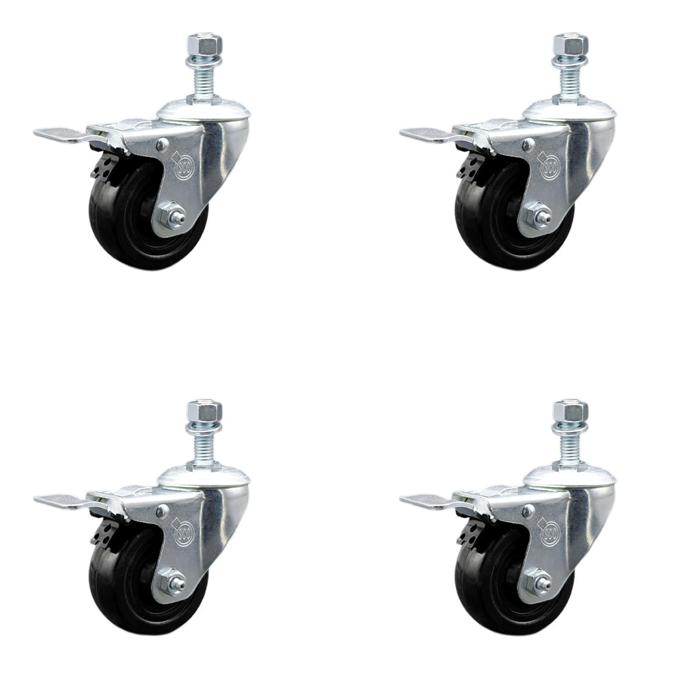 3.5 Inch SS Hard Rubber 10mm Threaded Stem Caster Set Total Lock Brake ...