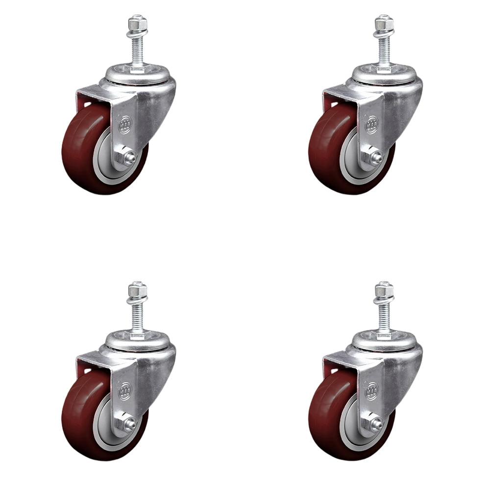 3.5 Inch SS Maroon Polyurethane Wheel Swivel 10mm Threaded Stem Caster ...