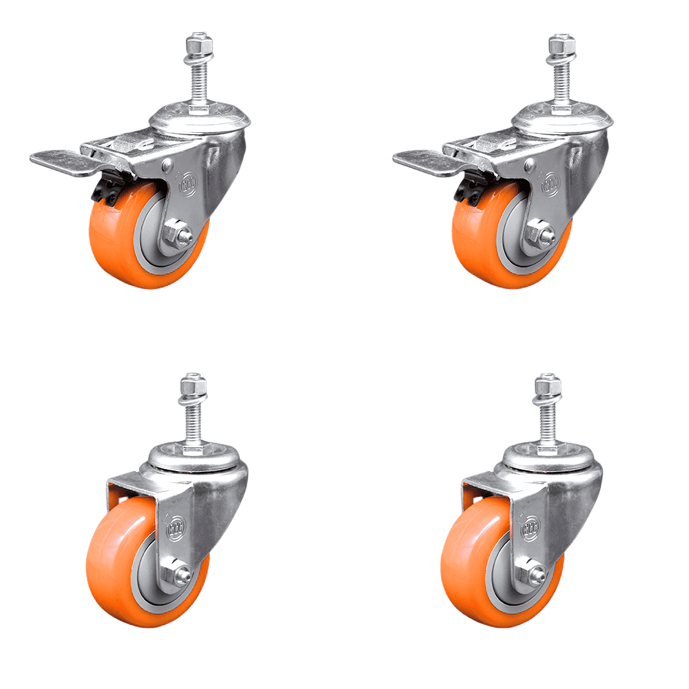 3.5 Inch SS Orange Poly 10mm Threaded Stem Caster Set 2 Total Lock ...