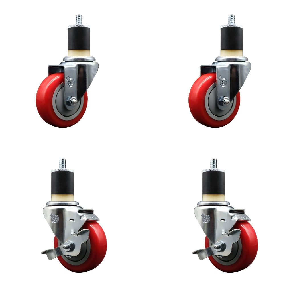 3.5 Inch SS Red Poly Wheel Swivel 1-7/8 Inch Expanding Stem Caster Set ...