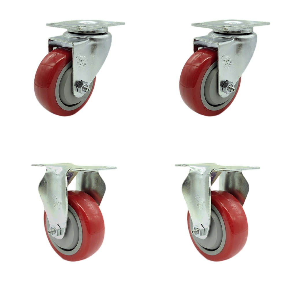 3.5 Inch SS Red Polyurethane Swivel Top Plate Caster Set with 2 Rigid ...