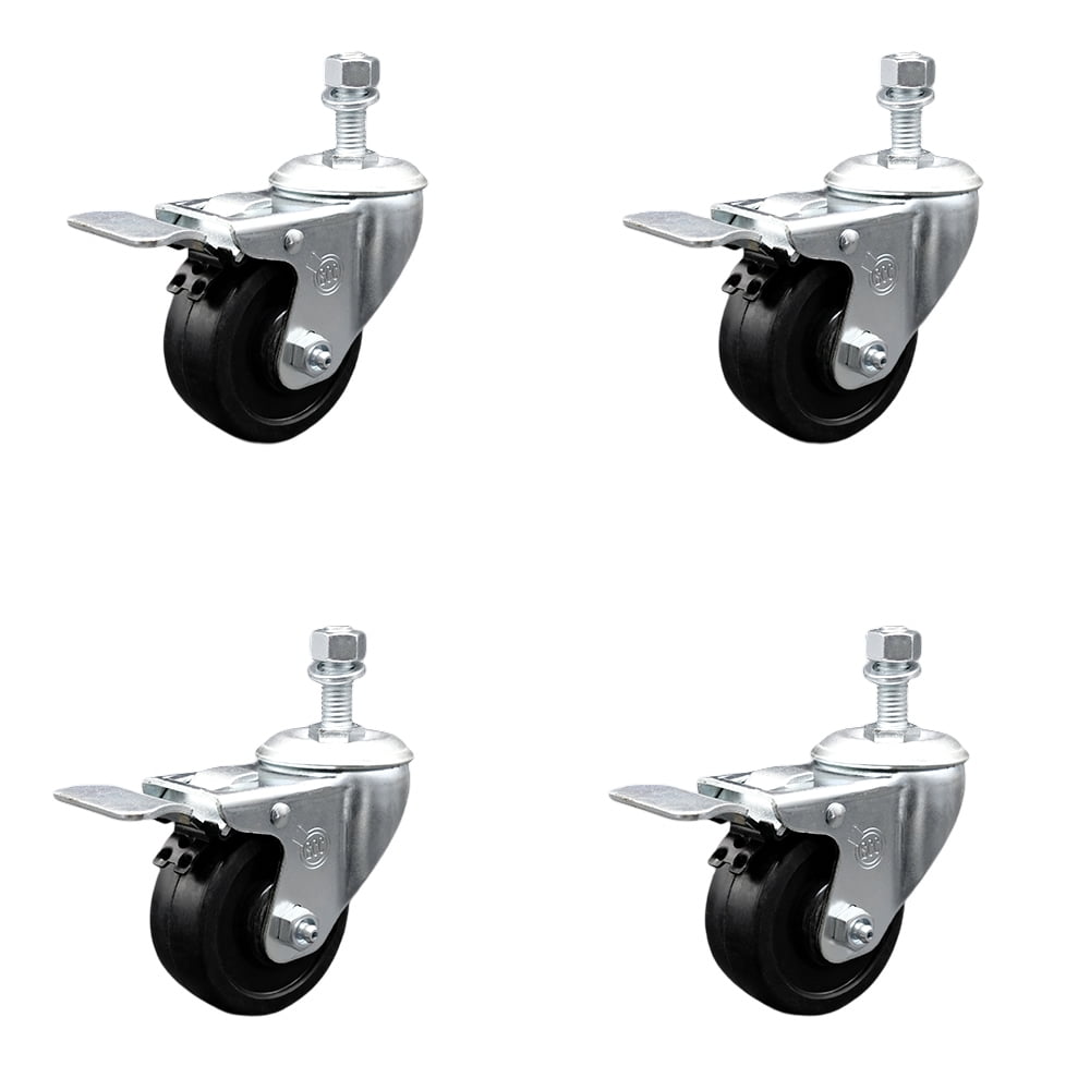 3.5 Inch SS Soft Rubber 3/8 Inch Threaded Stem Caster Set Total Lock ...