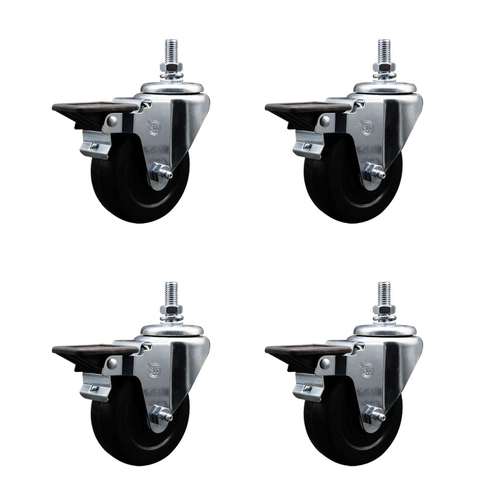 3.5 Inch Soft Rubber 10MM Threaded Stem Caster Set with Brake - Walmart.com