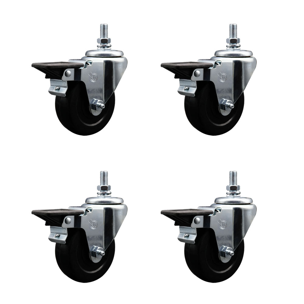 3.5 Inch Soft Rubber ½ Inch Threaded Stem Caster Set with Brake - Walmart.com