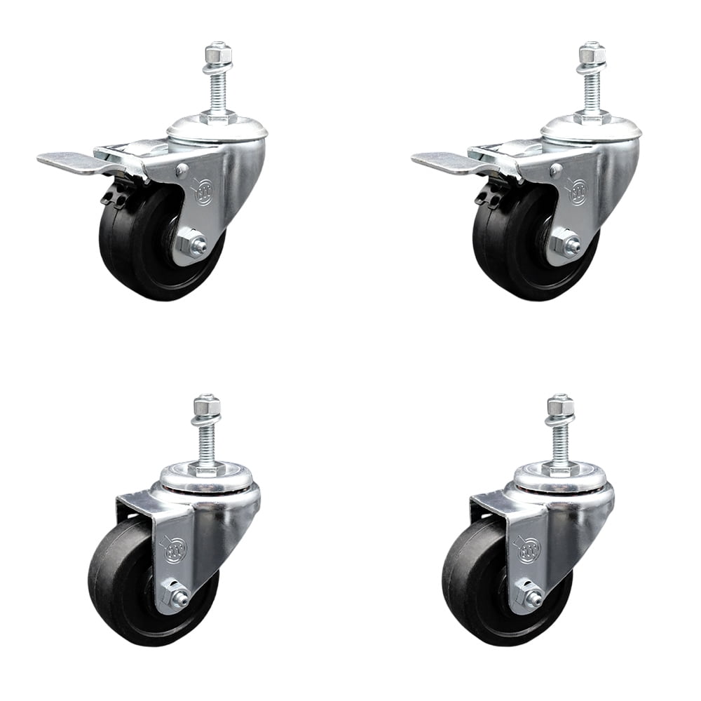 3.5 Inch Soft Rubber Wheel Swivel 3/8 Inch Stem Caster Set 2 Total Lock ...