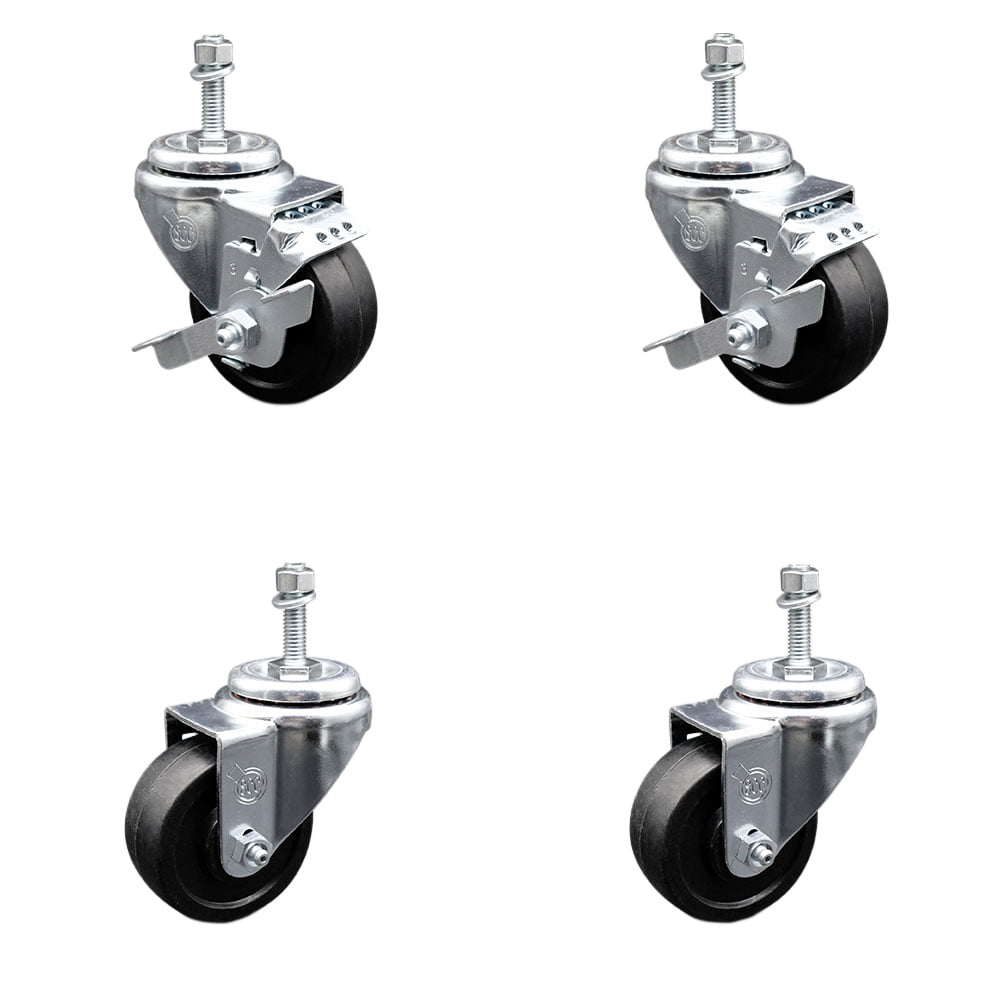 3.5 Inch Soft Rubber Wheel Swivel 3/8 Inch Threaded Stem Caster Set 2 ...