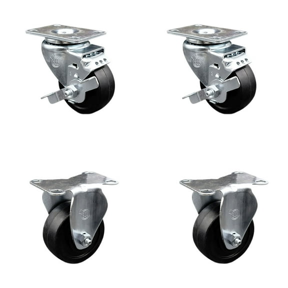 5 Inch Soft Rubber Wheel Swivel Top Plate Caster Set with 2 Posi Brakes ...