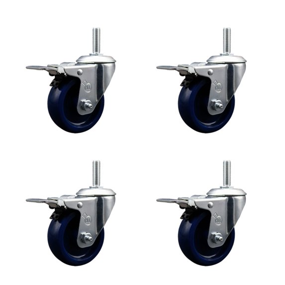 3.5 Inch Solid Poly Swivel 3/4 Inch Threaded Stem Caster Set with Total ...