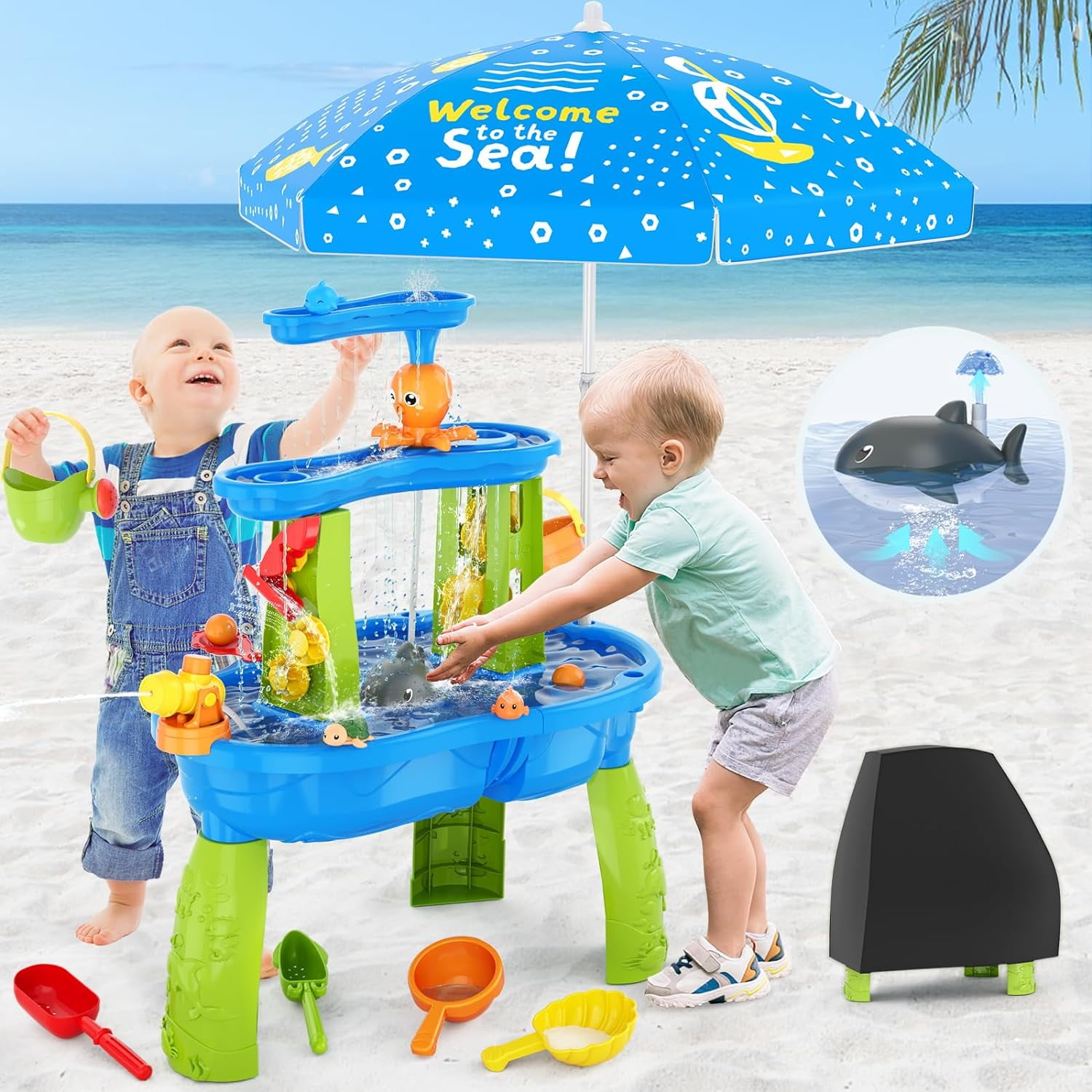 3-5 with Umbrella/Water Pumb/Water Table Cover, 3-Tier Kids Sand Water ...