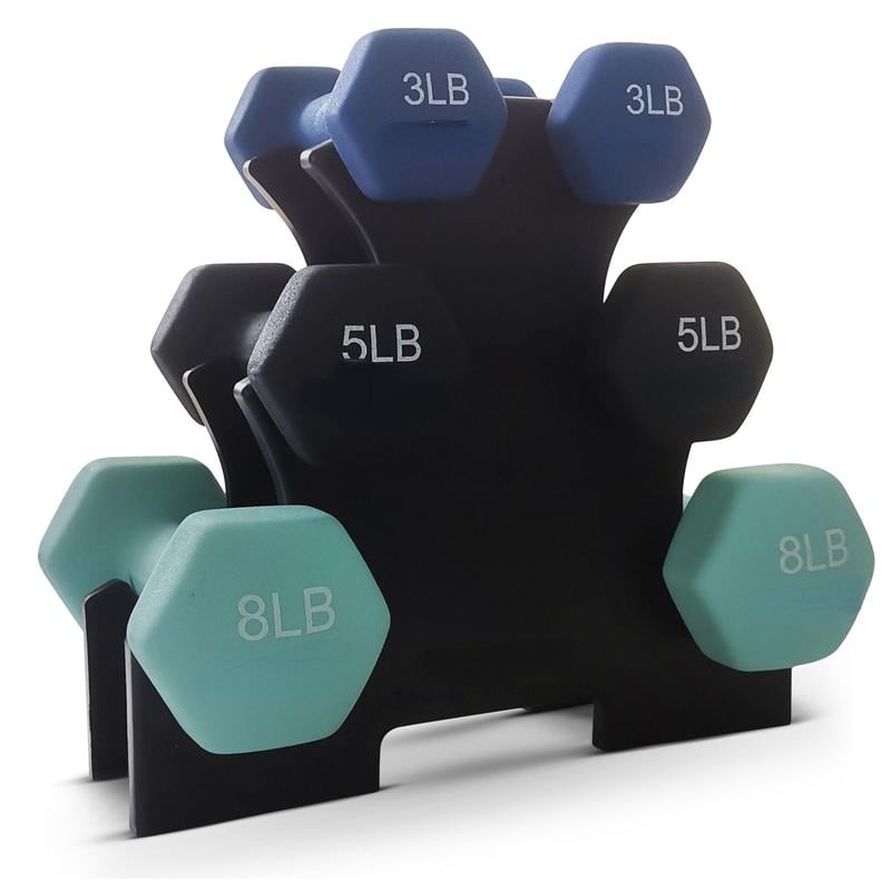 3, 5, and 8 Pound Dumbbell Hand Weight Set with Storage Rack, Multi ...