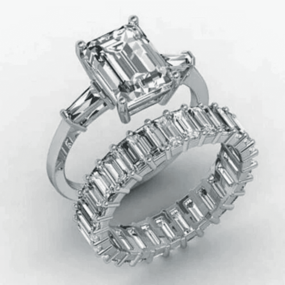 Viraj Gems N Jewel 3.50CT Emerald Cut Moissanite Engagement Three Stone Ring Set 14K White Gold ...