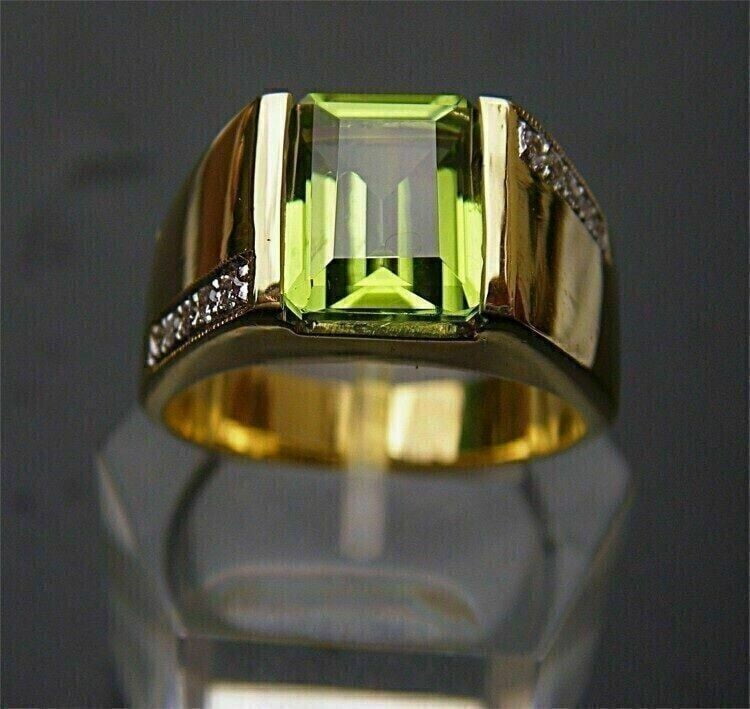 3.50Ct Emerald Cut Simulated Peridot Diamond Men's Ring 14K Yellow Gold ...