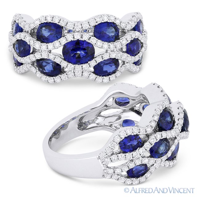 3.53ct Oval Cut Sapphire & Round Cut Diamond Pave Right-Hand Statement Ring in 18k White Gold ...
