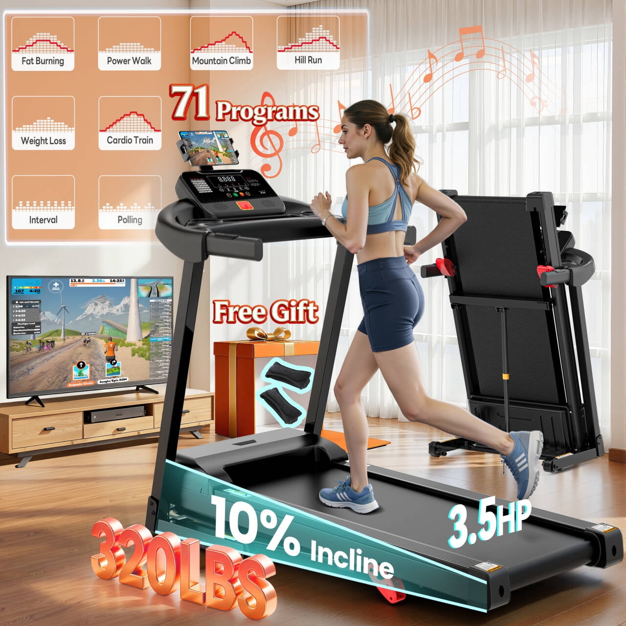 3.55HP Treadmill with 10% Incline 320lb Capacity, Foldable Home 7.5MPH ...