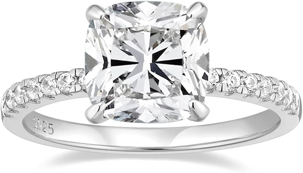 3.5CT 925 Sterling Silver Rings Cushion Cut Cubic Zirconia CZ Engagement Wedding Bands for Women ...