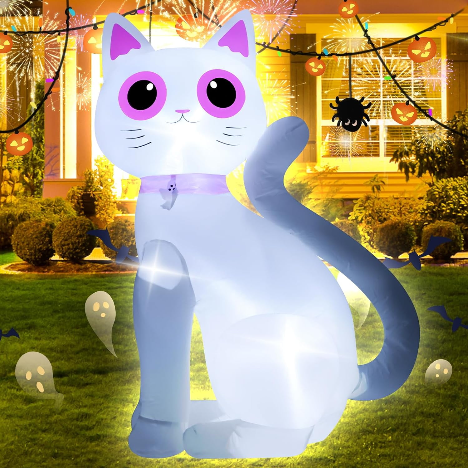 3.5FT Halloween Inflatable Decor White Cat with LED Lights Halloween ...