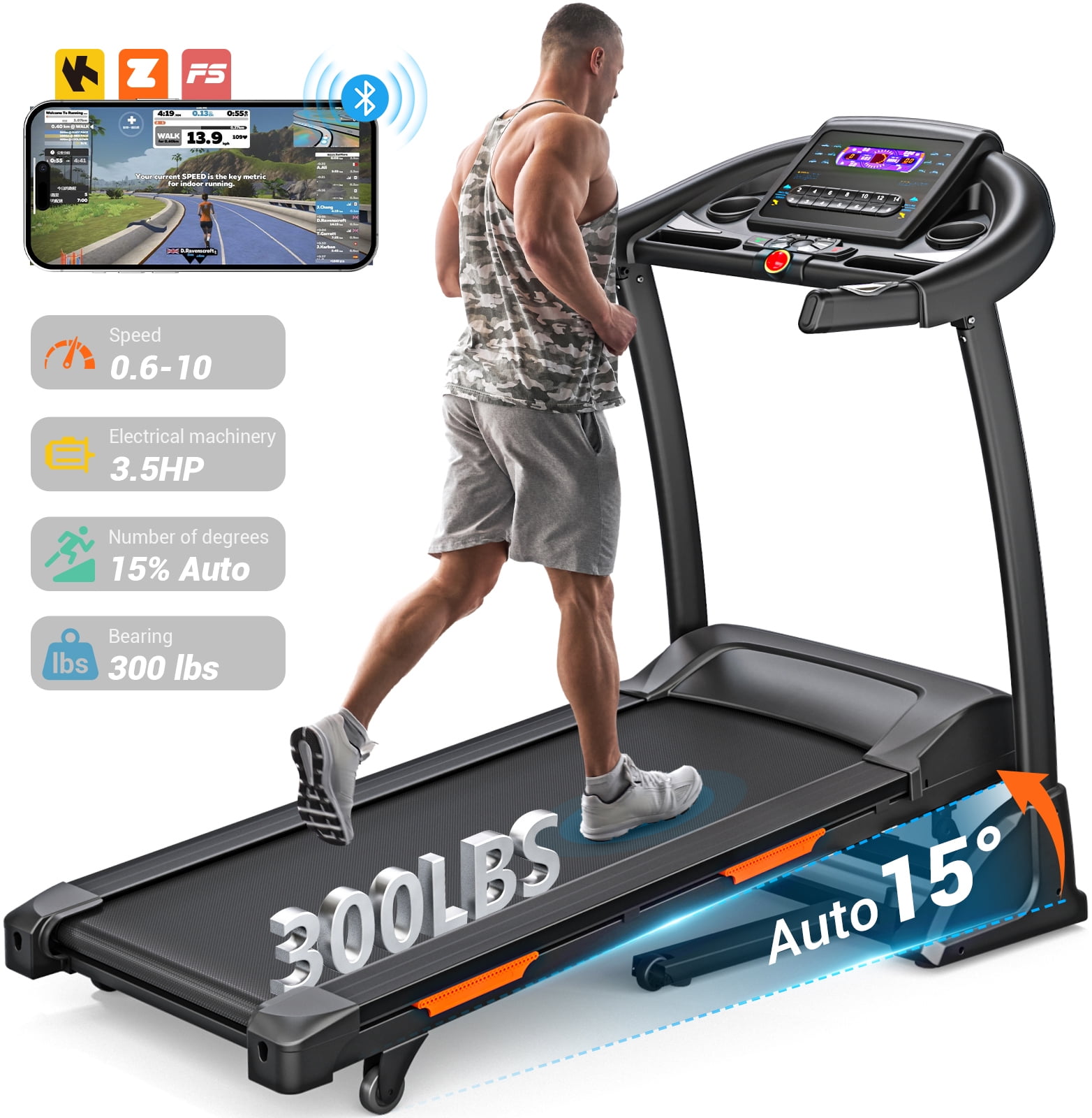 3.5HP Folding Treadmill, 300lb Capacity, 15 Levels Auto Incline ...