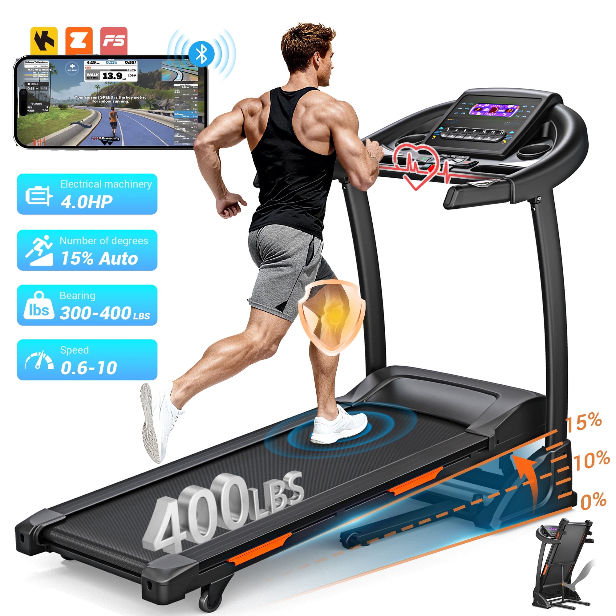 4.0HP Folding Treadmill, 300-400lb Capacity, 15 Levels Auto Incline ...