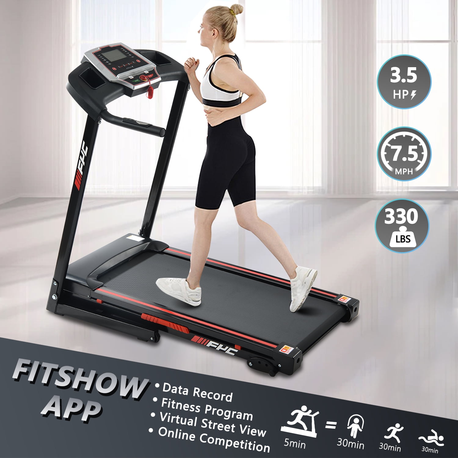 3.5HP Folding Treadmill, 330lb Capacity, Incline, Shock Absorption ...