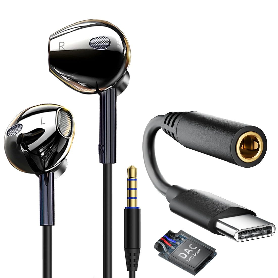 3.5mm plug wired headphones with [USB C to 3.5mm adapter],metal ...