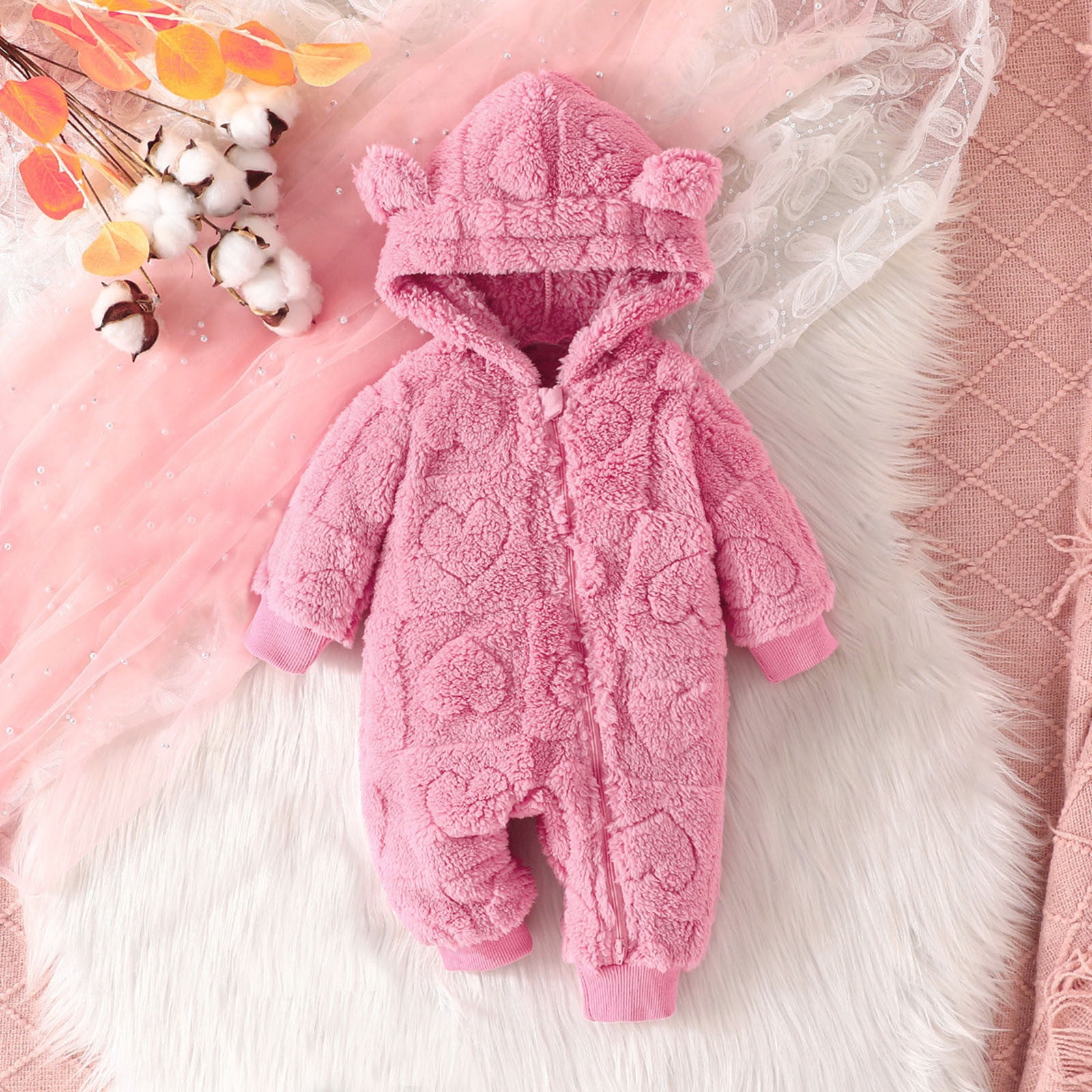 3-6 Months Baby Fluffy Jumpsuit Hooded Fleece Rompers Long Sleeve ...