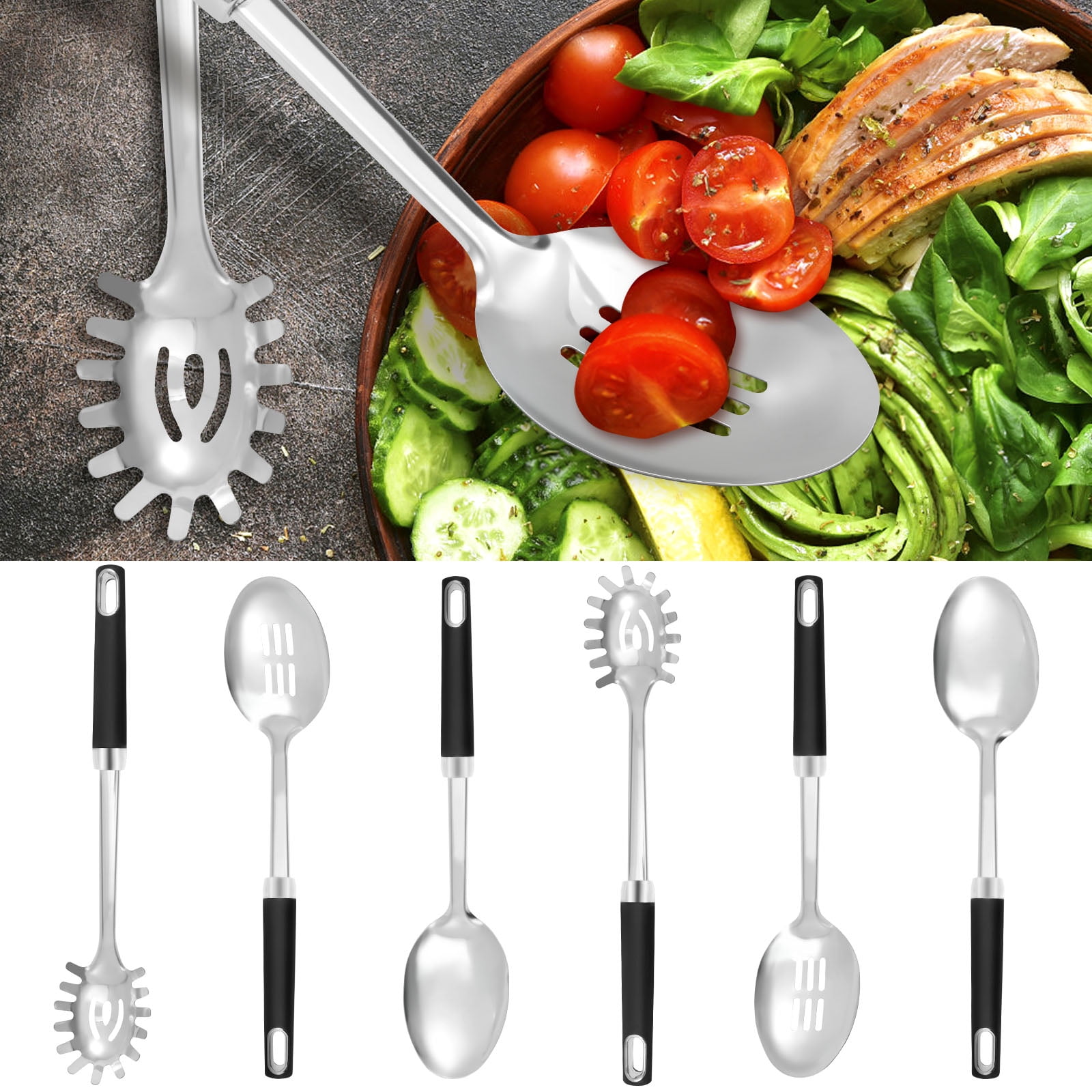 3/6 Pcs Stainless Steel Serving Spoons Set with Slotted Spoon Solid ...