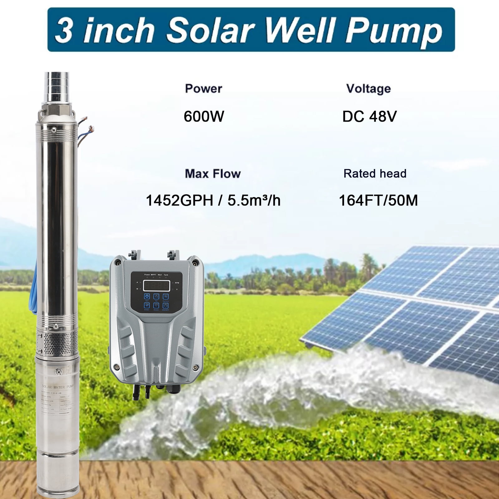 3" 600W Solar Pump Submersible Pump Bore DC 48V Impeller Pump + MPPT ...