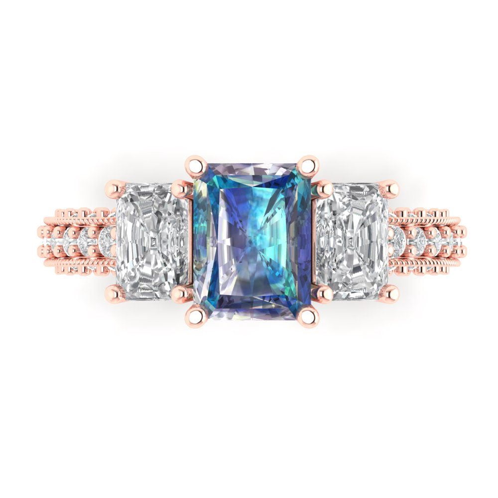 3.61 ct Emerald Cut Blue Moissanite 3 Stone 18K Rose Gold Womens ...