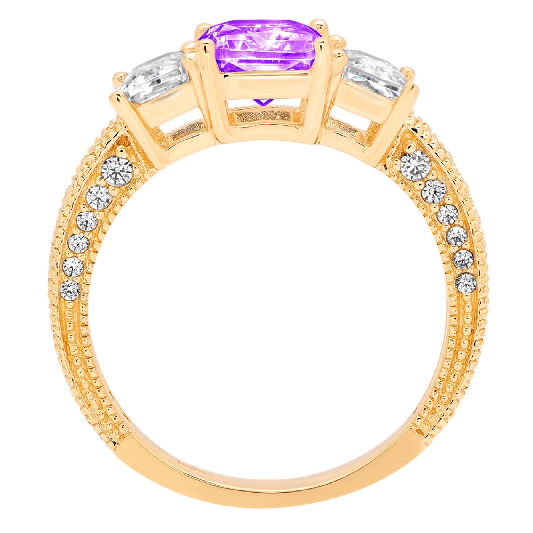 3.61 ct Emerald Cut Natural Amethyst Three-Stone Engagement Ring for Women in 18K Yellow Gold ...